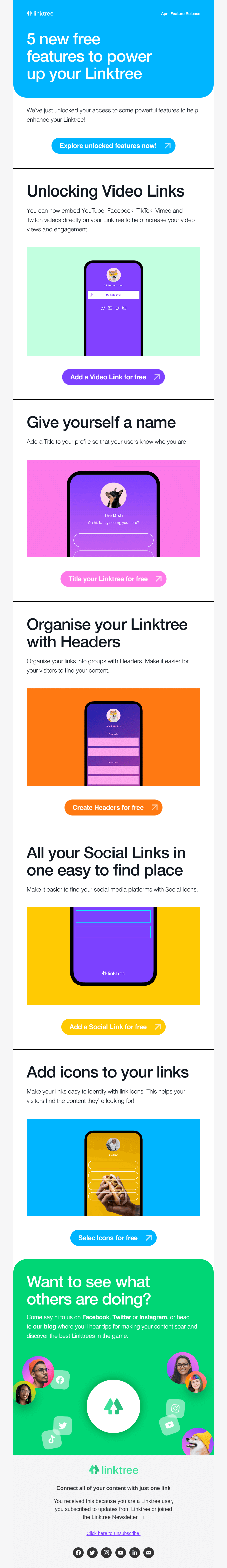 5 new free features! 💚 from Linktree - Desktop Email View | Really Good Emails