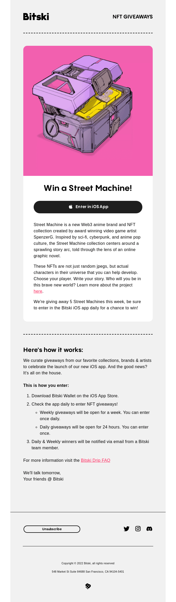 A new Bitski giveaway is live, are you ready to brave the Streets? 👀 from Bitski - Desktop Email ...