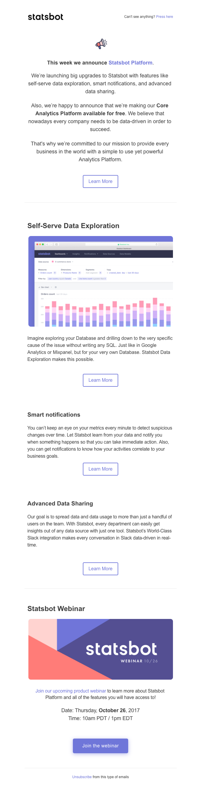 Announcing Statsbot Platform from Statsbot - Desktop Email View | Really Good Emails