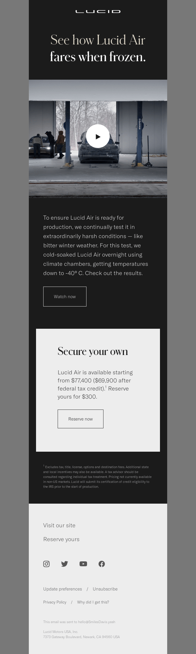 Cold weather testing results are in. from Lucid Motors - Desktop Email ...