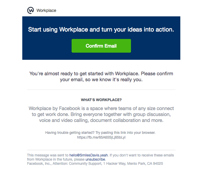 Confirm your email for Workplace from Facebook - Desktop Email View ...