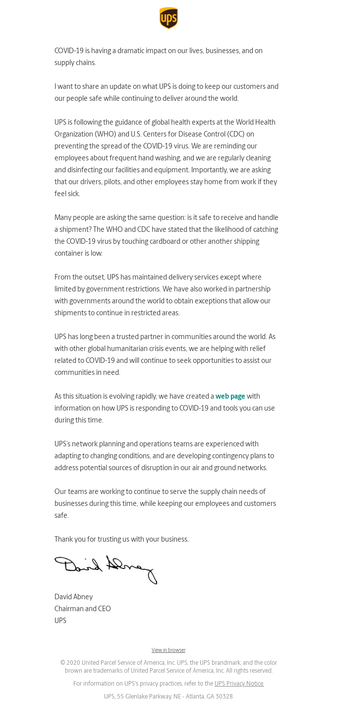 COVID-19: How UPS is Responding from UPS - Desktop Email View | Really ...