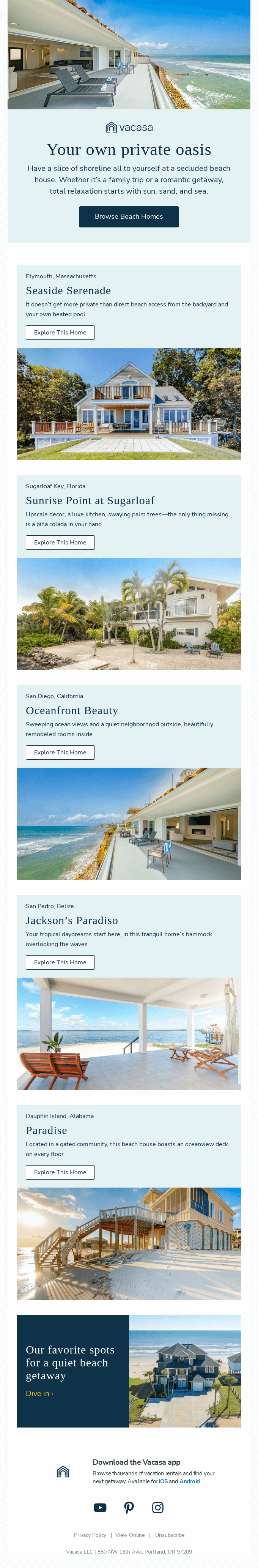 Find paradise at these beach retreats from Vacasa - Desktop Email View | Really Good Emails