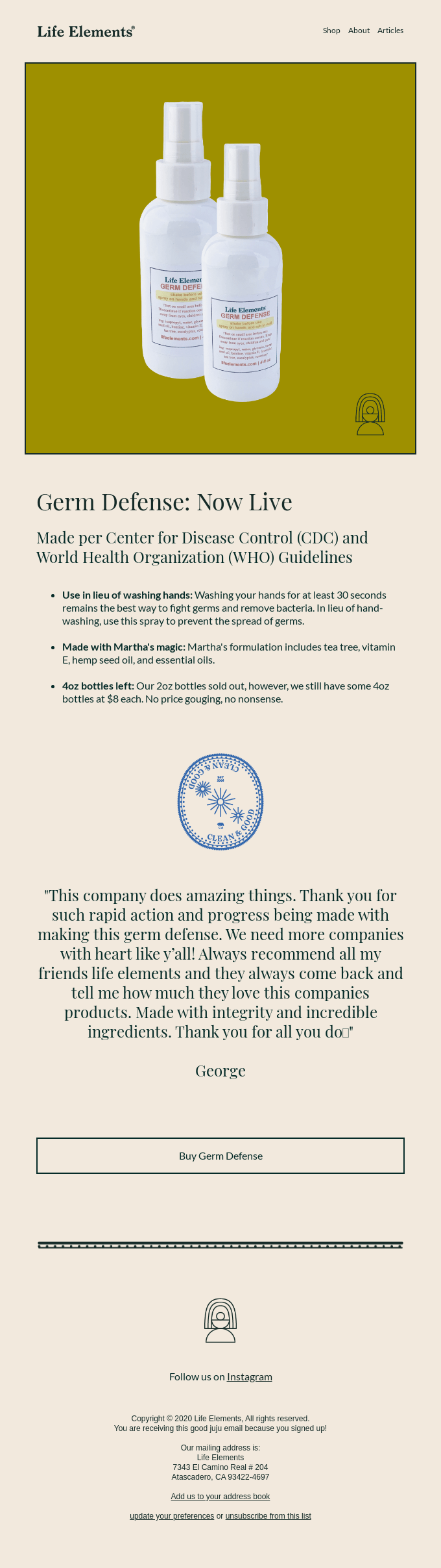 Germ Defense Now Available on Web from Life Elements - Desktop Email ...