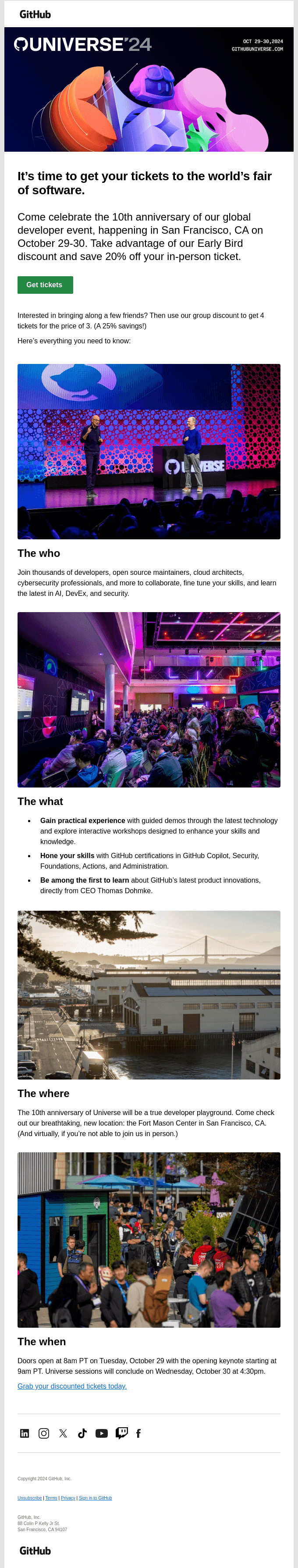 Heads up! 20% off GitHub Universe tickets from GitHub - Desktop Email View | Really Good Emails