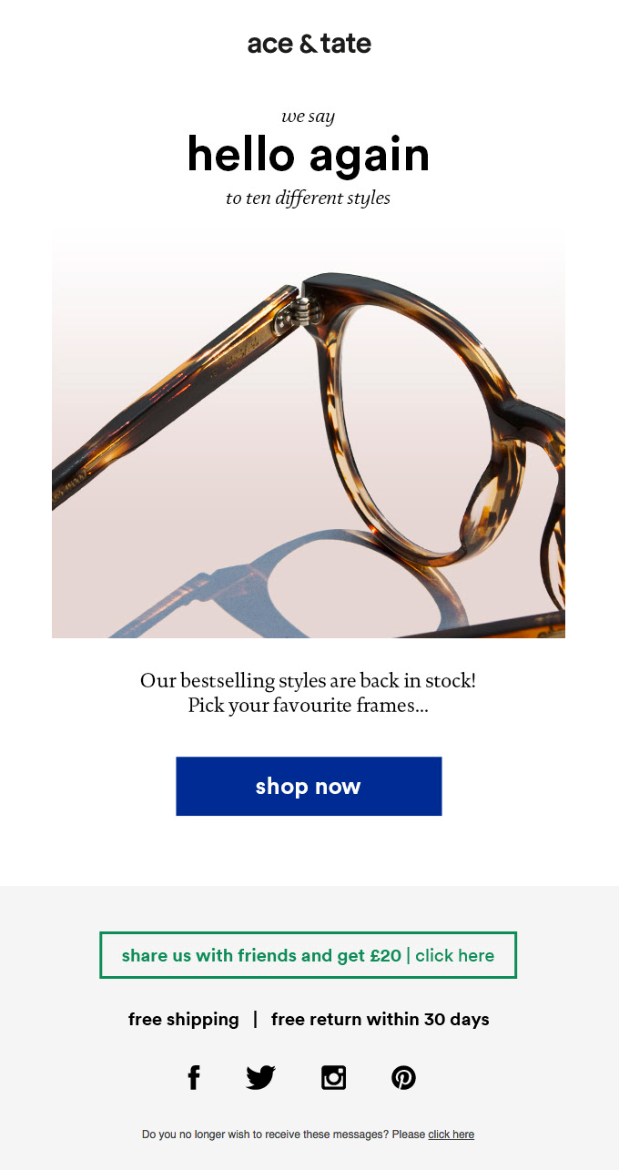 HELLO AGAIN from Ace & Tate - Desktop Email View | Really Good Emails