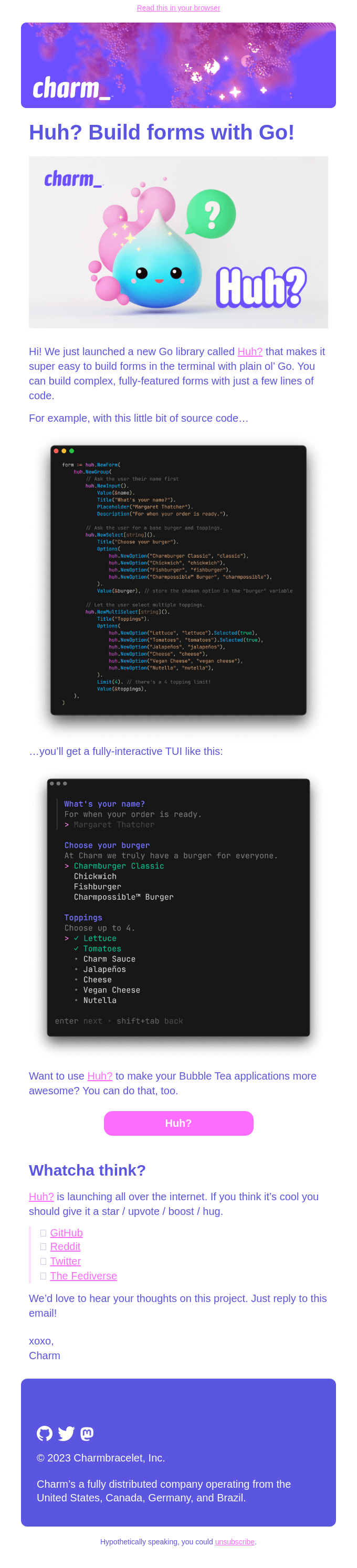 Huh? Build forms in Go. from Charm - Desktop Email View | Really Good ... Huh? Build forms in Go. from Charm - Desktop Email View | Really Good ...