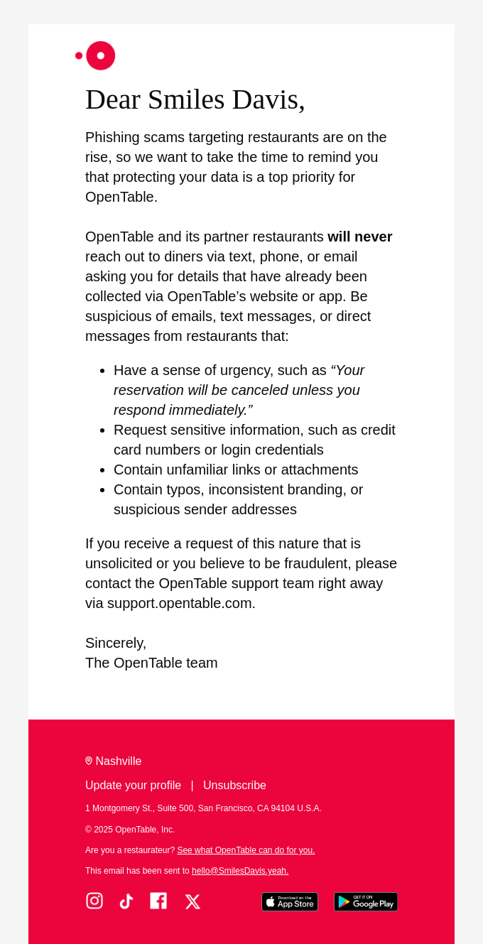 Important security reminder from OpenTable from OpenTable - Desktop ...