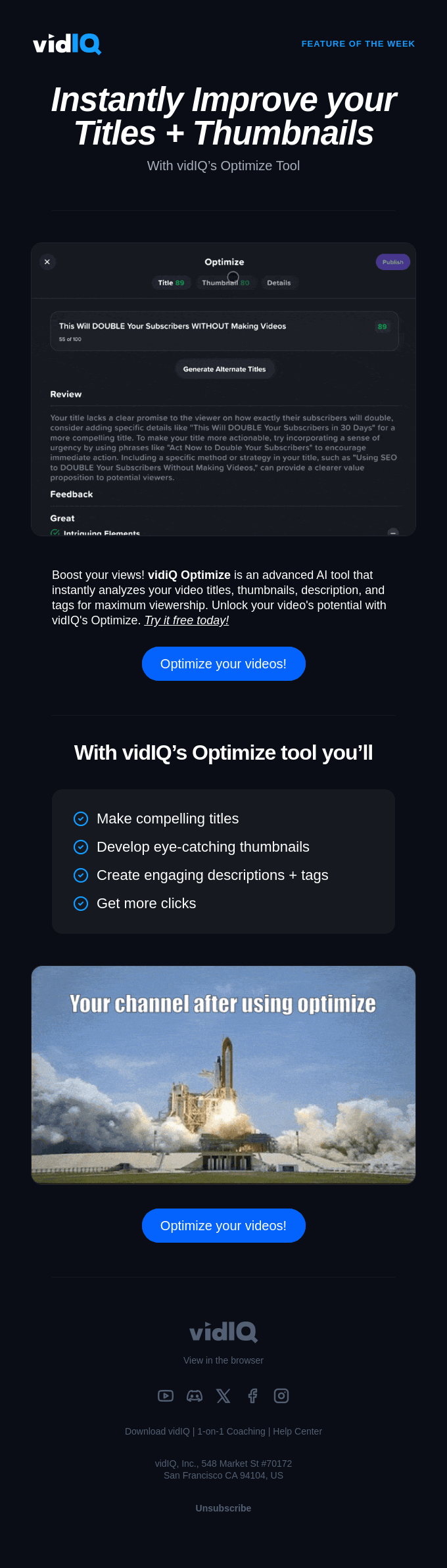 Instantly improve your Titles + Thumbnails from VidIQ - Desktop Email View | Really Good Emails