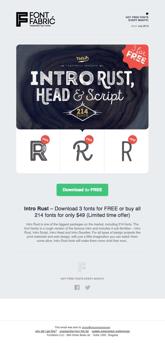 Intro Rust Free from Font Fabric - Desktop Email View | Really Good Emails