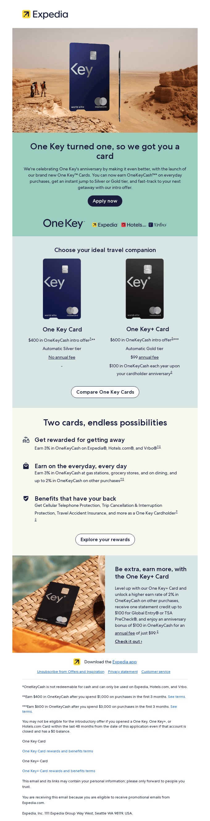 Introducing the One Key credit cards from Expedia - Desktop Email View | Really Good Emails