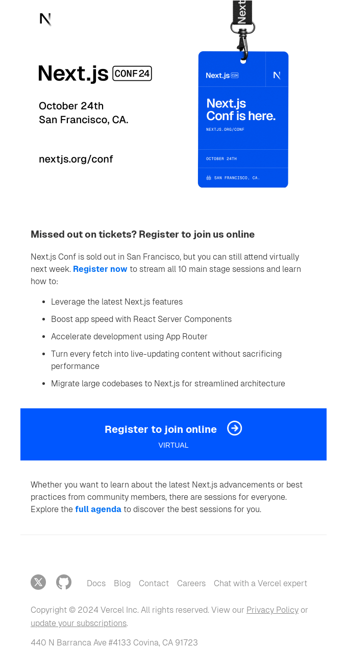 Join Next.js Conf online next week from Next.js - Desktop Email View | Really Good Emails