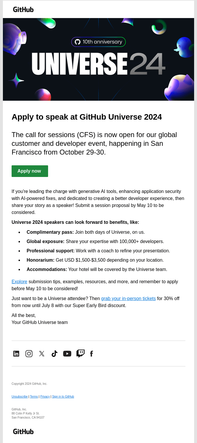 Last chance: apply to speak at GitHub Universe! from GitHub - Desktop Email View | Really Good ...