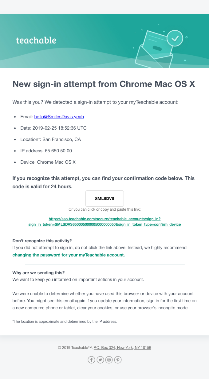 Login attempt on a new device from Teachable - Desktop Email View ...