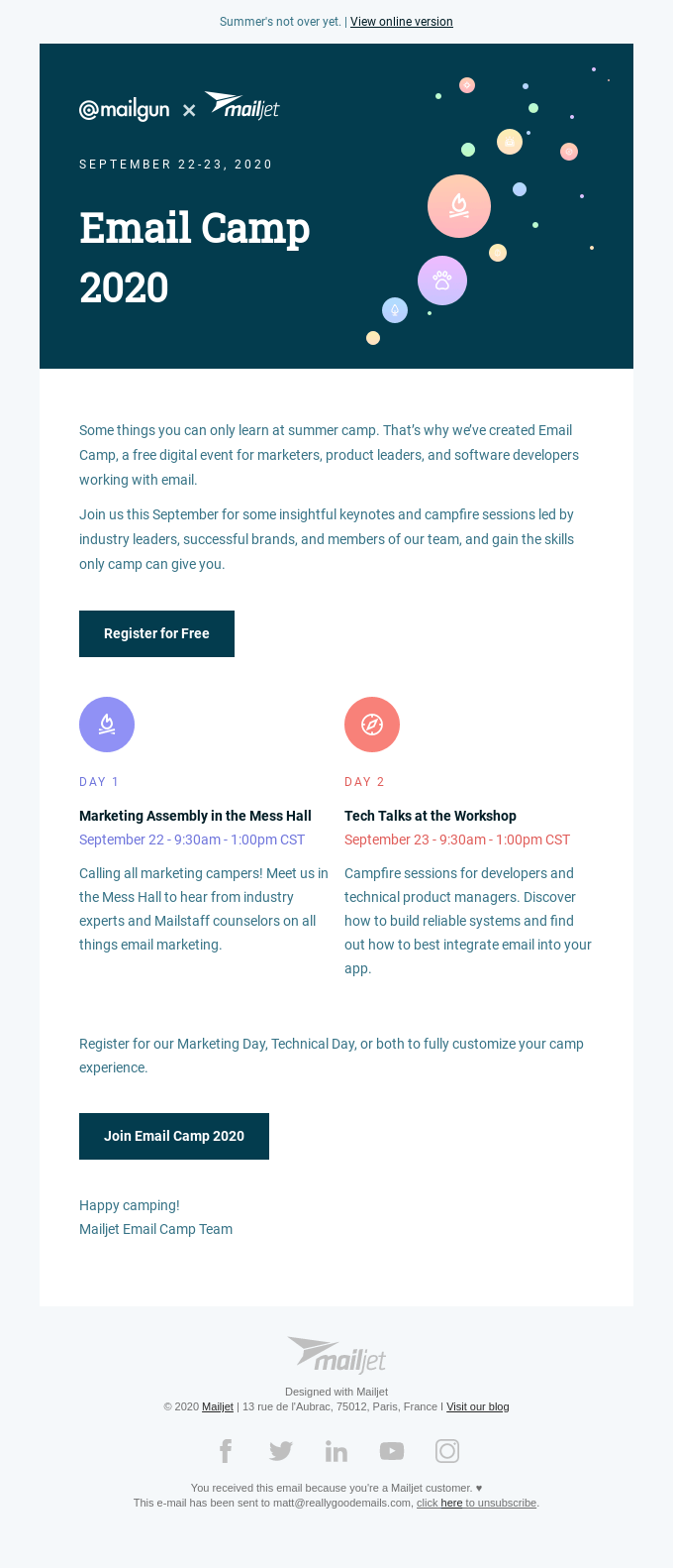 Mailjet's Email Camp 2020 is here! 🏕️ — Info View | Really Good Emails