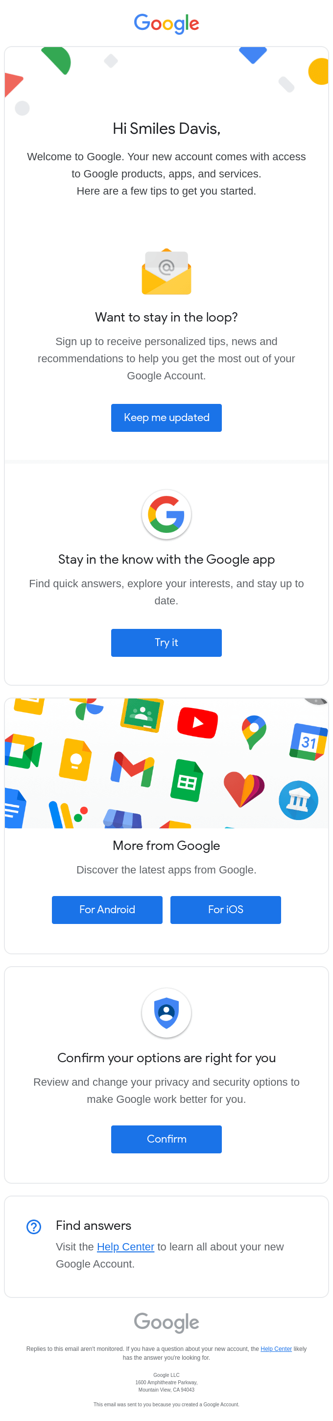 Smiles Davis, finish setting up your new Google Account — Info View ...
