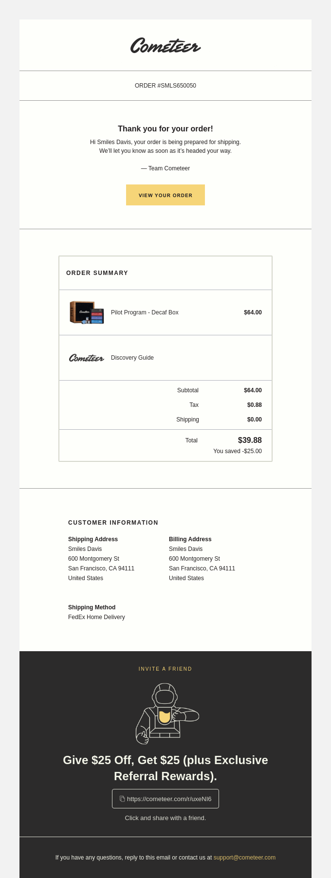Order SMLS650050 Confirmed From Cometeer Desktop Email View Really