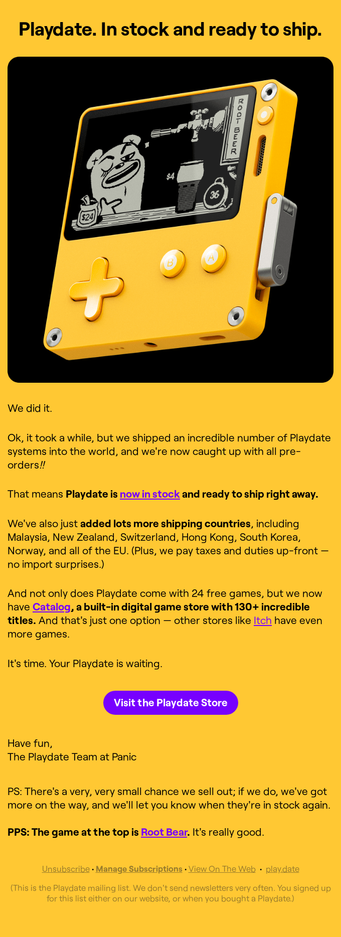 Playdate Now In Stock! from Playdate - Desktop Email View | Really Good Emails
