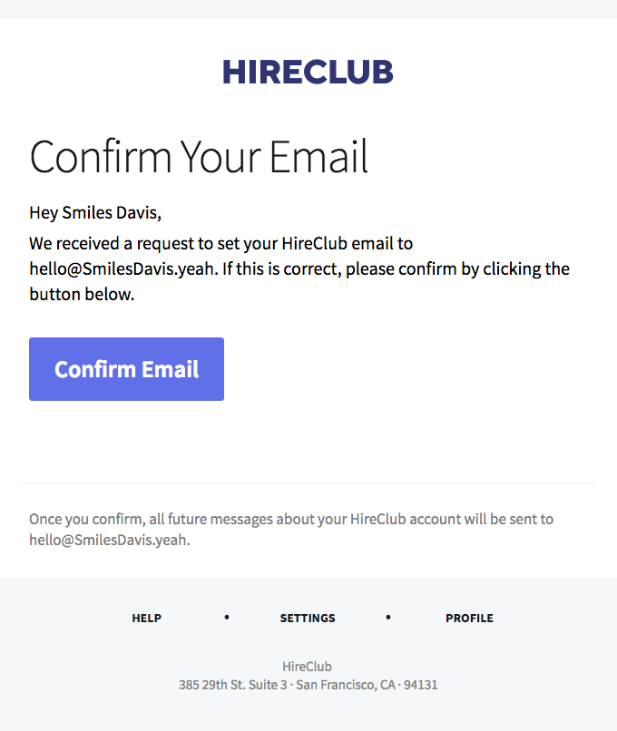 Please Confirm Your HireClub Email From HireClub Desktop Email View 