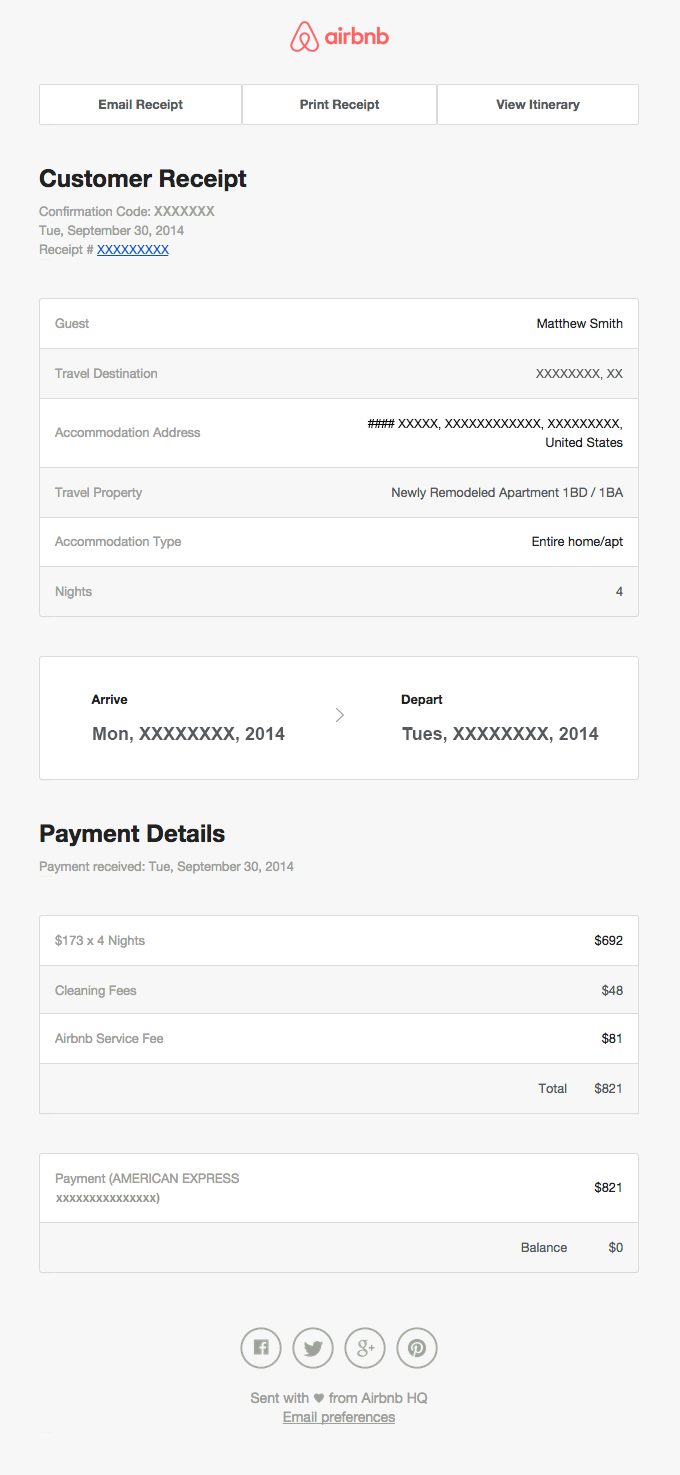 Billing Receipt For Reservation XXXXXX From Airbnb Desktop Email View Billing Receipt For Reservation XXXXXX From Airbnb Desktop Email View