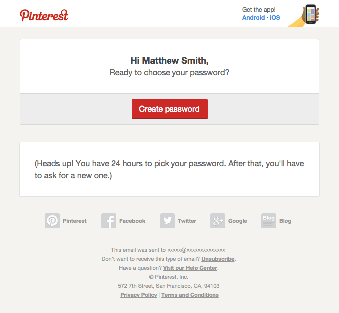 Reset your password on Pinterest from Pinterest - Desktop Email View ...