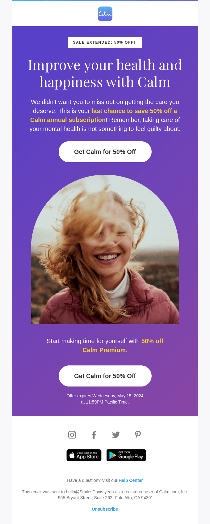 Sale extended – 50% OFF Calm! from Calm - Desktop Email View | Really ...