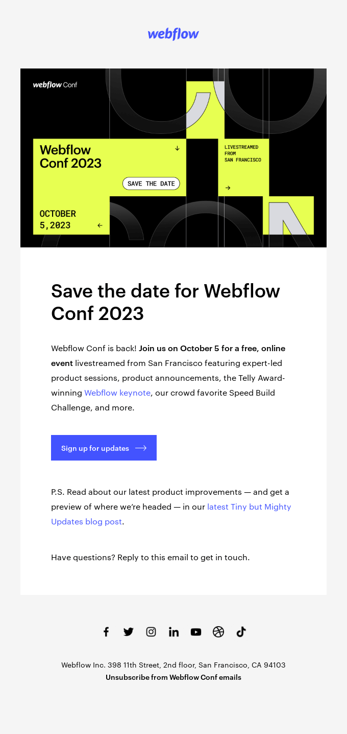 Save the date for Webflow Conf 2023 from Webflow - Desktop Email View ... Save the date for Webflow Conf 2023 from Webflow - Desktop Email View ...