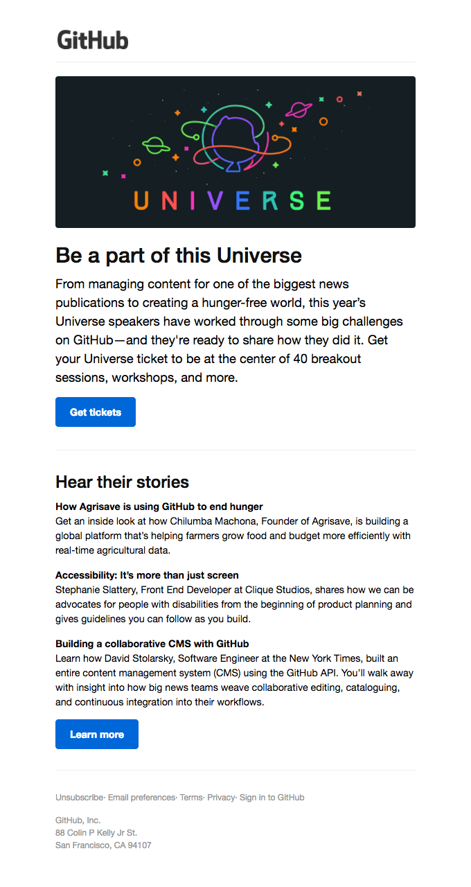 See who’s speaking at Universe from Github - Desktop Email View | Really Good Emails