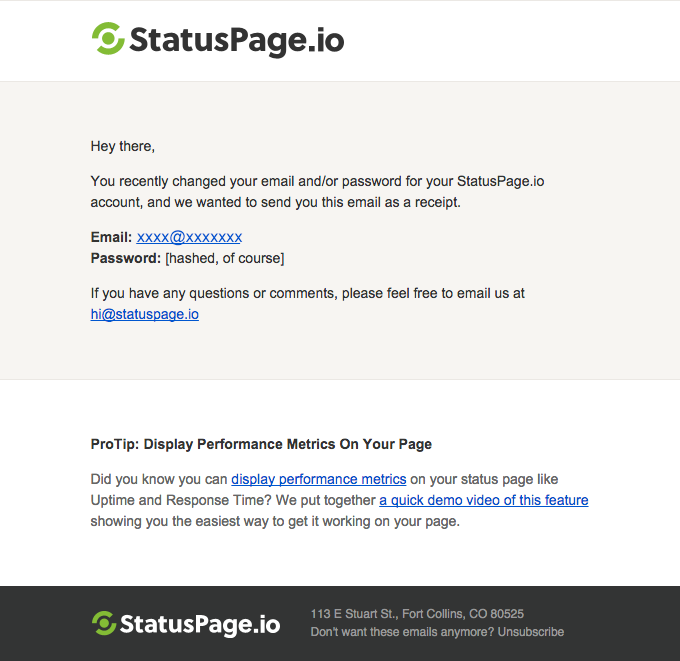 StatusPage.io: Your new login info from StatusPage.io - Desktop Email View | Really Good Emails