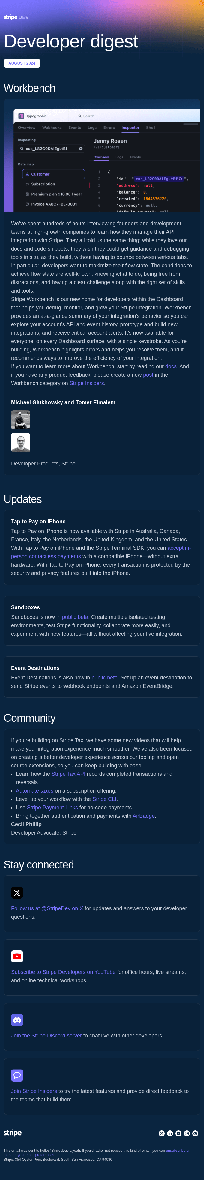 Stripe Developer Digest: Workbench is now available to everyone from Stripe - Desktop Email View ...