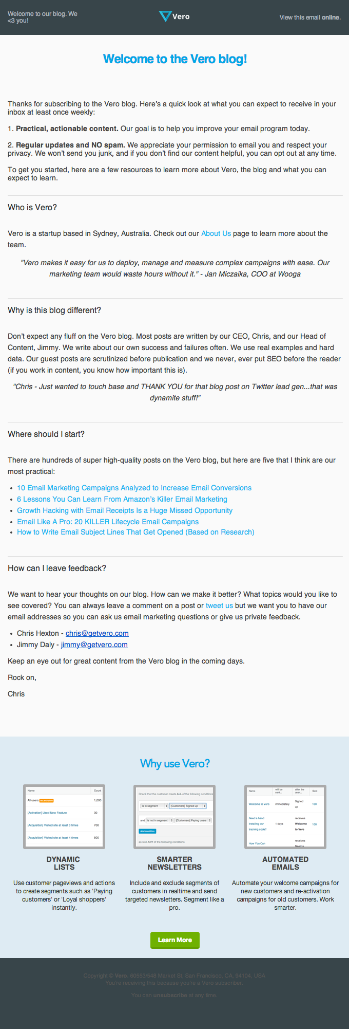 Welcome to the Vero blog! — Info View | Really Good Emails