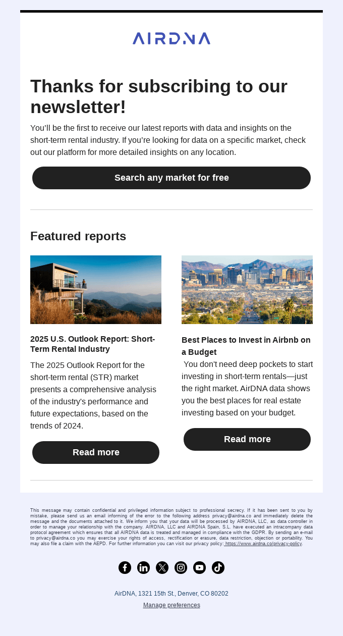 Thanks for subscribing! from AirDNA - Desktop Email View | Really Good ...