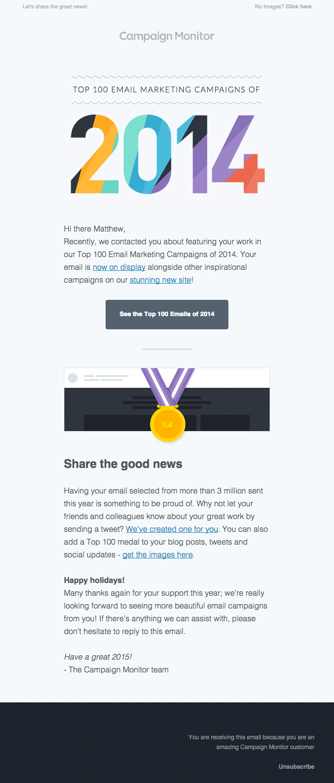 Awesome, you’re in our Top 100 Email Campaigns of 2014! from Campaign ...