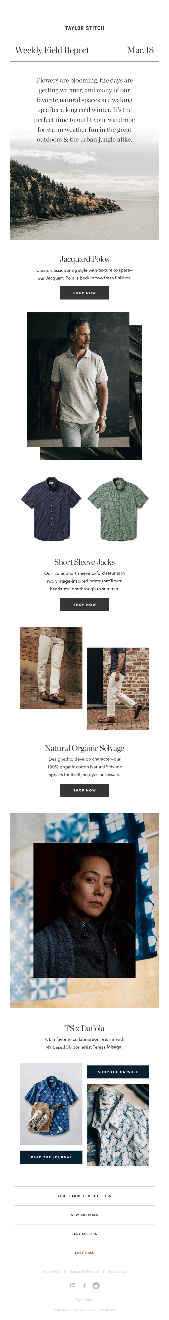 Weekly Field Report 3/18 from Taylor Stitch - Desktop Email View ...