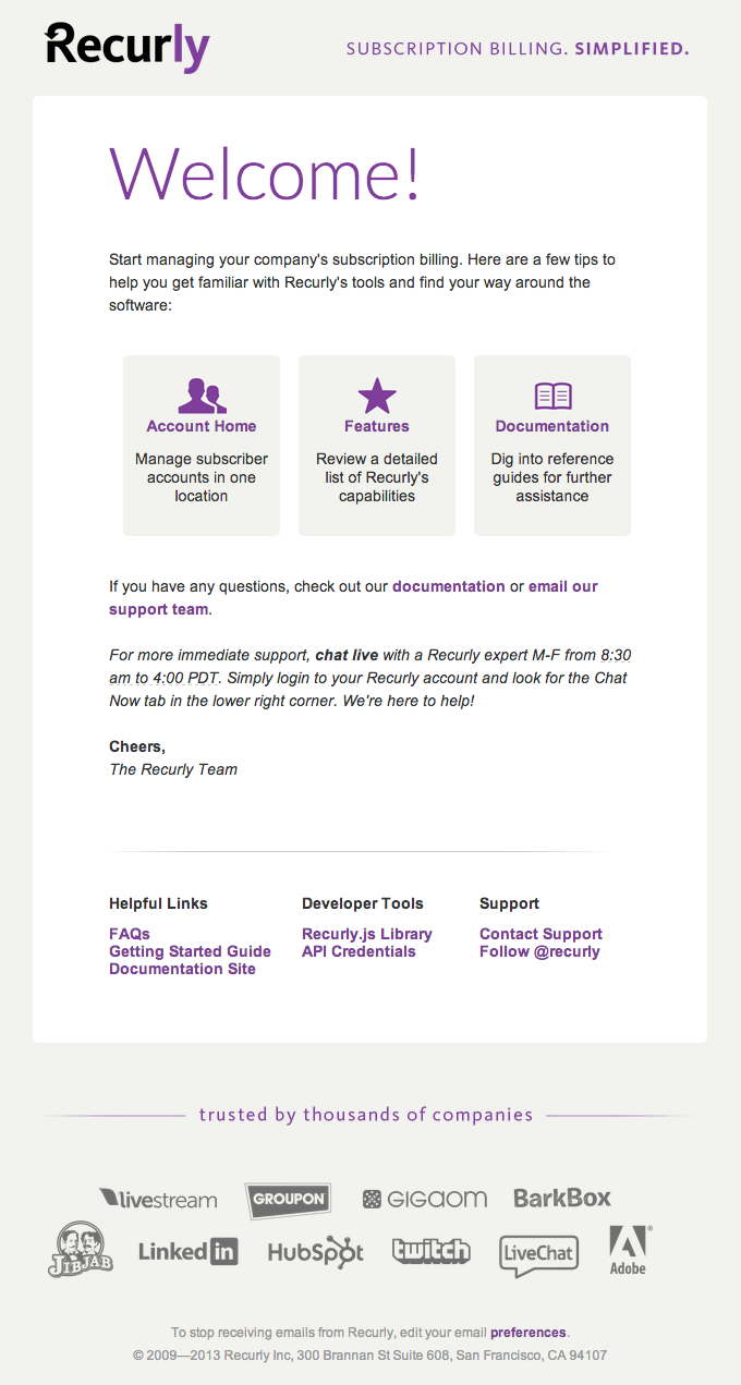 Welcome to Recurly, Smiles Davis from Recurly - Desktop Email View ...