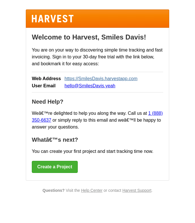 Welcome to Harvest, Smiles Davis from Harvest - Desktop Email View ...