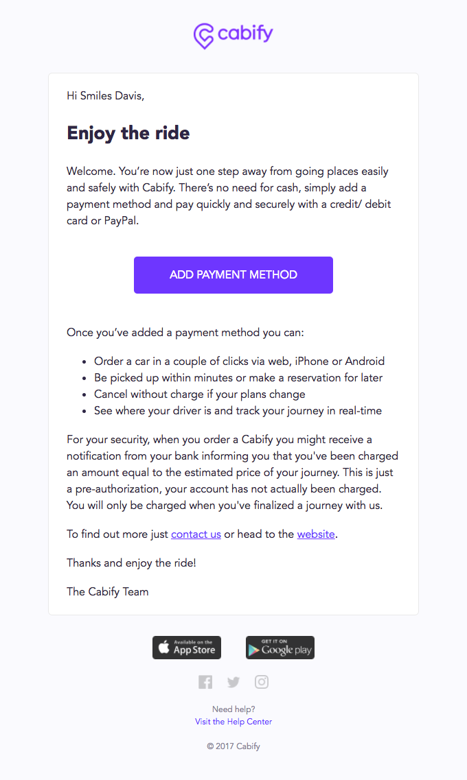 Welcome to Cabify from Cabify - Desktop Email View | Really Good Emails