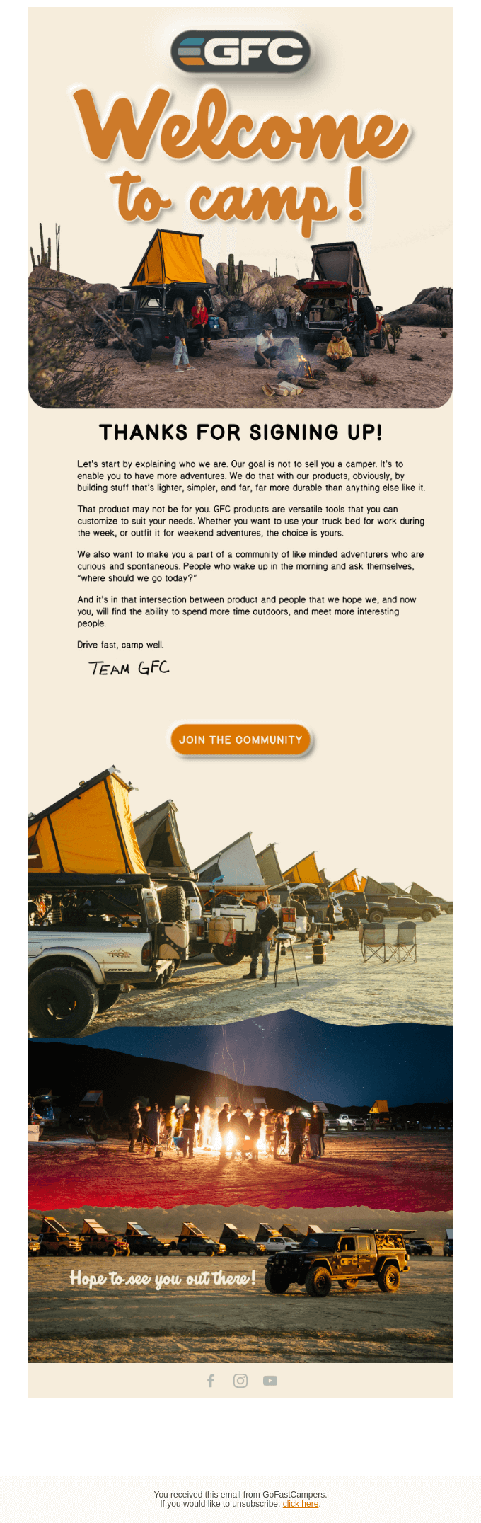 Welcome to Camp GFC! from Go Fast Campers - Desktop Email View | Really Good Emails