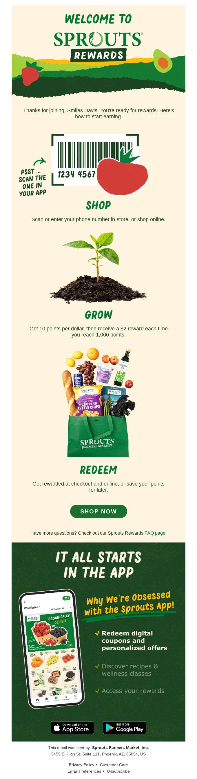 Smiles Davis, welcome to Sprouts Rewards — Info View | Really Good Emails