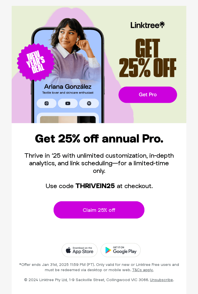🎁 Your 25% off Pro is waiting from Linktree - Desktop Email View | Really Good Emails