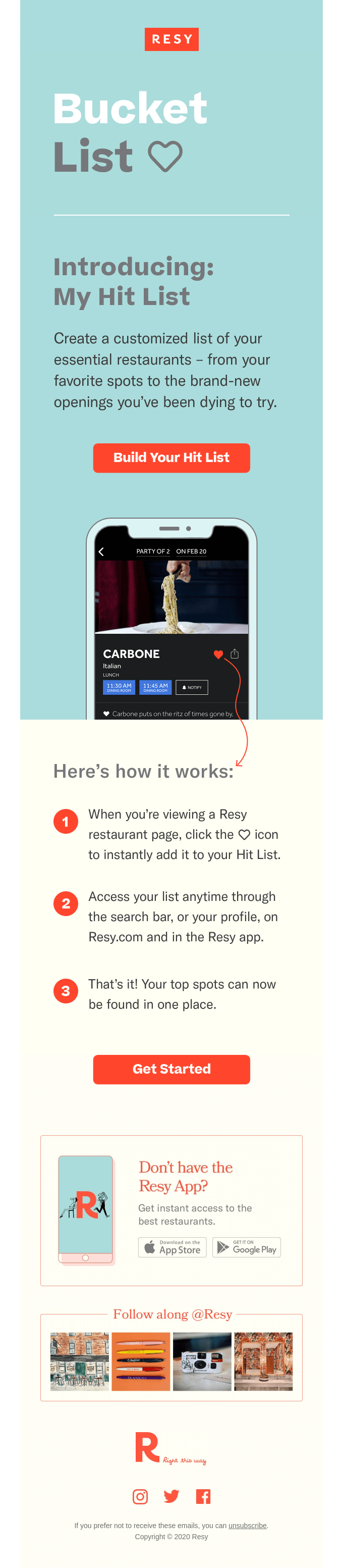 Your Personal Hit List from Resy - Desktop Email View | Really Good Emails